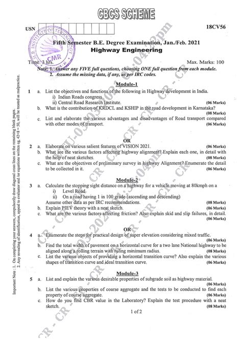 Vtu Exam Question Paper With Solution Of 18cv56 Highway Engineering Jan
