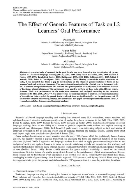 Pdf The Effect Of Generic Features Of Task On L2 Learners Oral