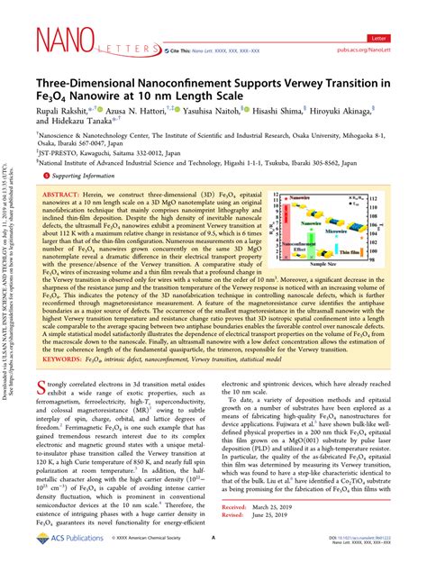 Pdf Three Dimensional Nanoconfinement Supports Verwey Transition In Fe 3 O 4 Nanowire At 10 Nm