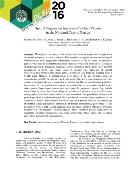 Pdf Spatial Regression Analysis Of Violent Crimes In The National Capital Region