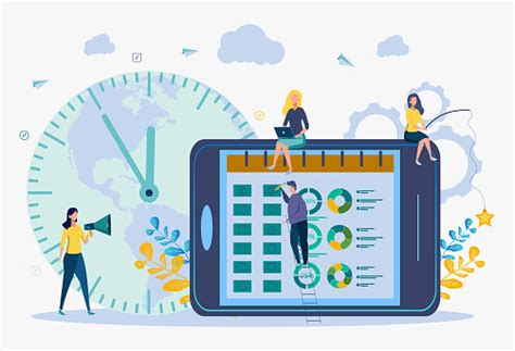 다채로운 벡터 일러스트 는 사람들이 태블릿에서 온라인 그래프를 합니다 한 주의 비즈니스 작업 일정을 계획합니다 작업 계획 남자에 대한 스톡 벡터 아트 및 기타 이미지