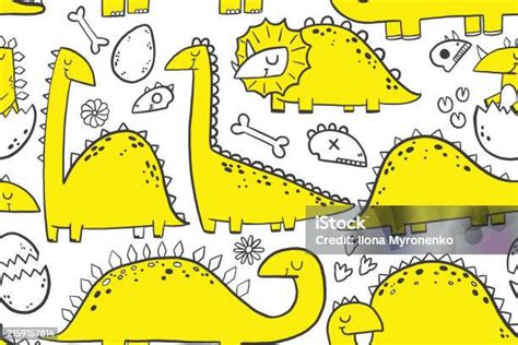 손으로 그린 낙서 완벽 한 배경 와 노란 낙서 Dino 만화 재미 있는 공룡 렉스 끝없는 배경 섬유 및 보육을 위한 신생아 디자인 0명에 대한 스톡 벡터 아트 및 기타