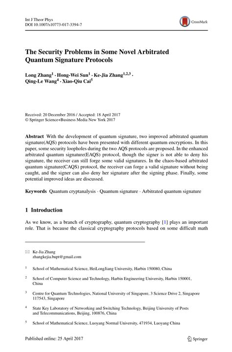 PDF The Security Problems In Some Novel Arbitrated Quantum Signature