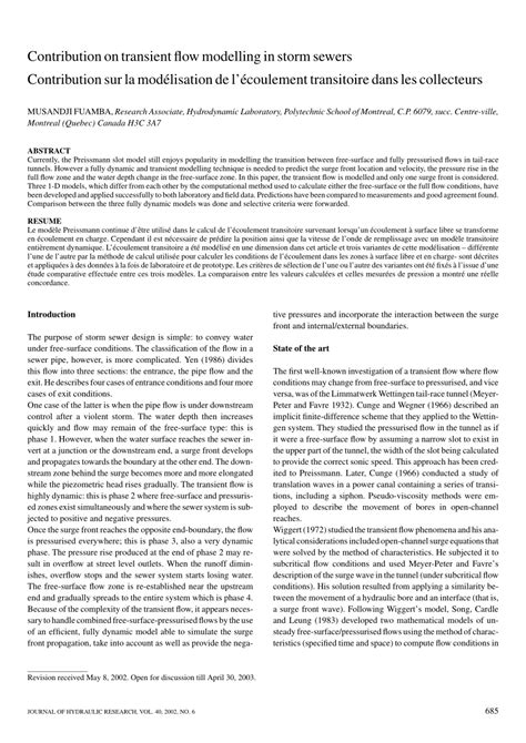 Pdf Contribution On Transient Flow Modelling In Storm Sewers
