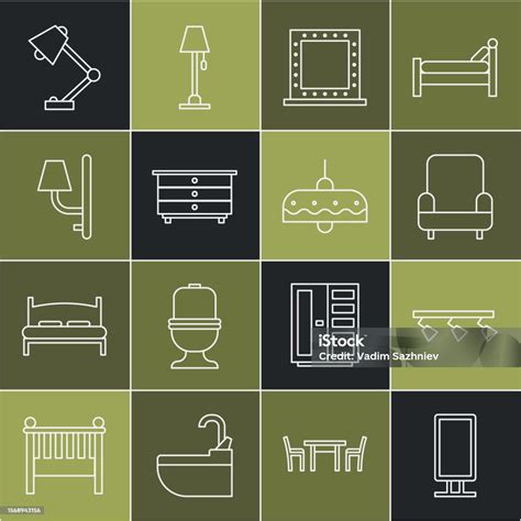 세트 라인 큰 전장 거울 Led 트랙 조명 및 램프 안락 의자 메이크업 서랍장 벽 보루 테이블 및 샹들리에 아이콘 벡터 0명에 대한 스톡 벡터 아트 및 기타 이미지 Istock