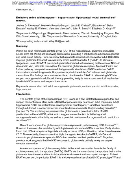 Pdf Excitatory Amino Acid Transporter 1 Supports Adult Hippocampal
