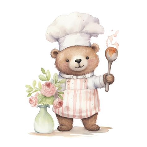 요리사 모자와 숟가락 수채화 클립 아트 일러스트와 함께 아름다운 곰 프리미엄 사진