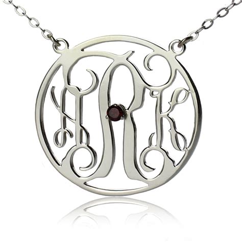 Sterling Silver Circle Initial Monogram Necklace With Birthstone