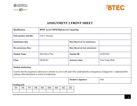 1623 Asm2 Greenwich Assignment 2 Front Sheet Qualification Btec Level