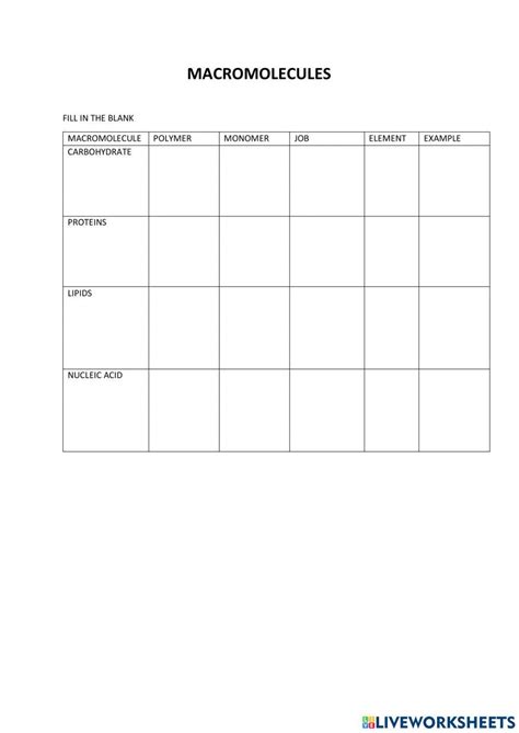 Macromolecules Chart Worksheet