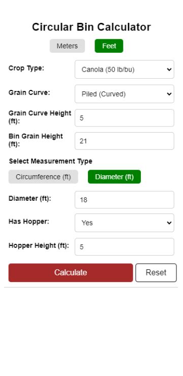 Round Grain Bin Calculator Bincalc Apps And Web