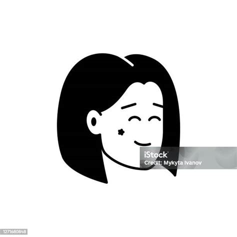 웃는 소녀의 초상화 세련된 헤어 스타일과 행복한 미소 귀여운 소녀의 얼굴의 벡터 흑백 그림 아바타 또는 캐릭터 세로로 사용하는