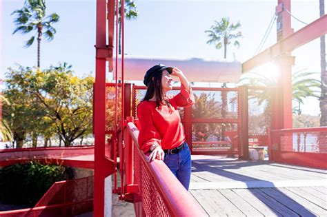 밝은 날 야외에서 바라보는 동안 금속 다리 울타리에 기대어 도시 옷을 입고 아름 다운 젊은 여자의 전면 보기 갈색 머리에 대한 스톡 사진 및 기타 이미지 Istock