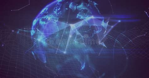 Animation Of Plexus Network Forming A Globe And Light Trails Against Blue Background Stock