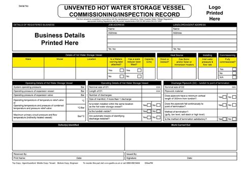 Personalised Unvented Hot Water Storage Vessel Commissioninginspection