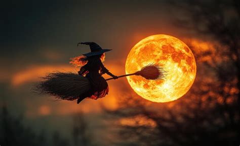 Silhouette Of A Witch Flying On A Broomstick Across A Glowing Full Moon