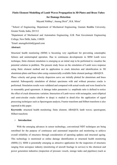 Pdf Finite Element Modelling Of Lamb Waves Propagation In 3d Plates