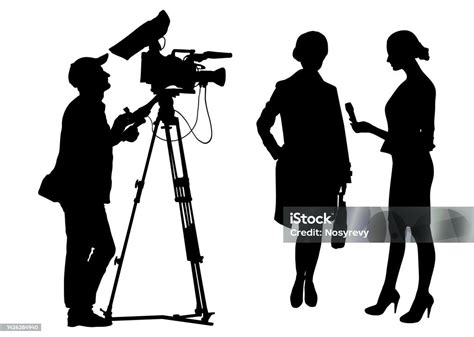 여성을 인터뷰하는 여성 저널리스트의 실루엣 비디오 카메라에 녹화하는 비디오 그래퍼 벡터 일러스트 레이 션 실루엣에 대한 스톡 벡터 아트 및 기타 이미지 Istock