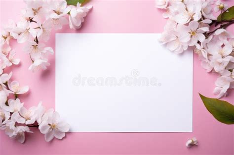 A White Postcard With A Flower Branch Lies On A Pink Background A