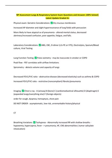 Np Assessment Lungs And Respiratory System Exam Questions And Answers 100 Solved Latest Update