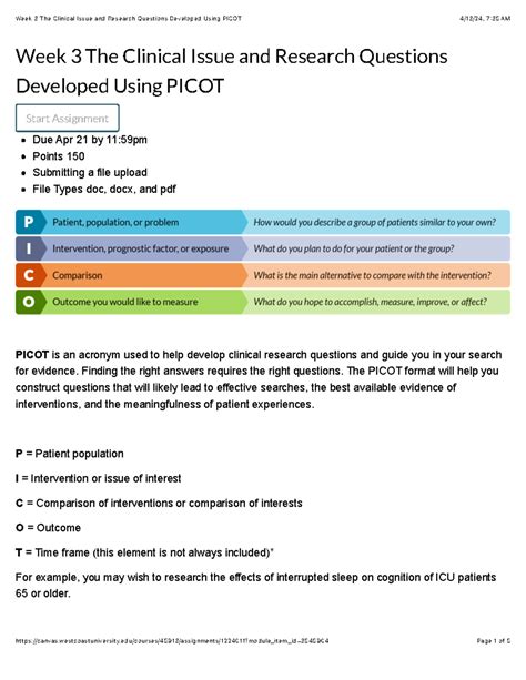 Week 3 The Clinical Issue And Research Questions Developed Using Picot Finding The Right