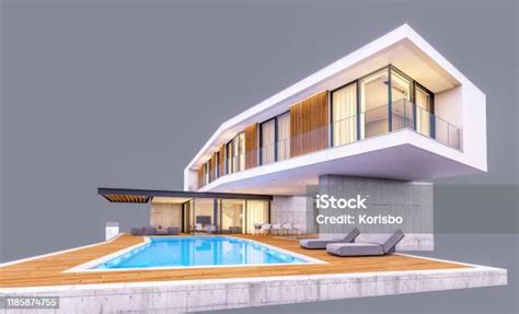 회색에 고립 된 저녁에 수영장과 언덕에 현대 집의 3d 렌더링 0명에 대한 스톡 사진 및 기타 이미지 0명 강철 개념