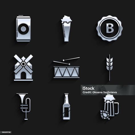 악기 드럼과 드럼 스틱 맥주병 맥주 홉 한 잔 쌀 밀 옥수수 귀리 호밀 보리 트럼펫 풍차 병 뚜껑 비문 및 캔 아이콘으로 설정된