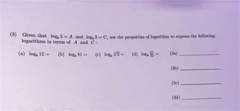 solved 3 given that log 2 a and log 3 c use the