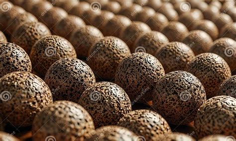 Close Up View Numerous Spherical Objects With Speckled Texture Arranged In Grid Like Pattern