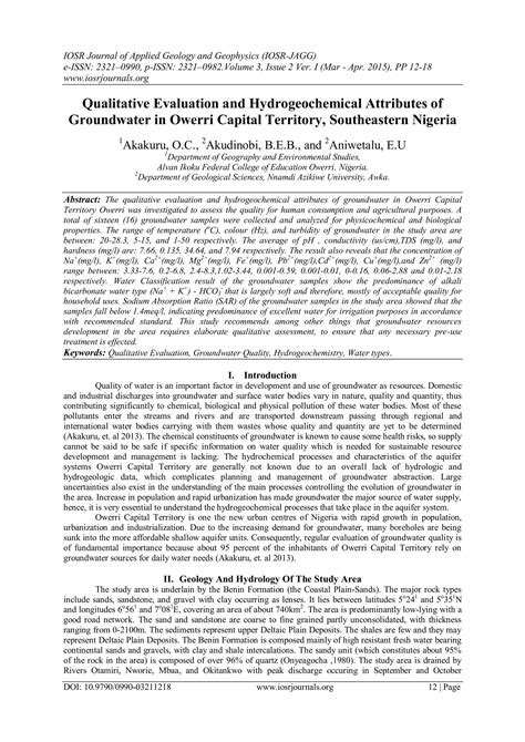 Qualitative Evaluation And Hydrogeochemical Attributes Of Groundwater