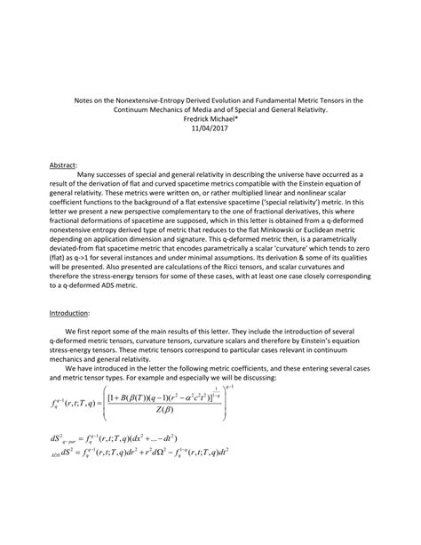 Pdf Notes On The Nonextensive Entropy Derived Evolution And Fundamental Metric Tensors In The
