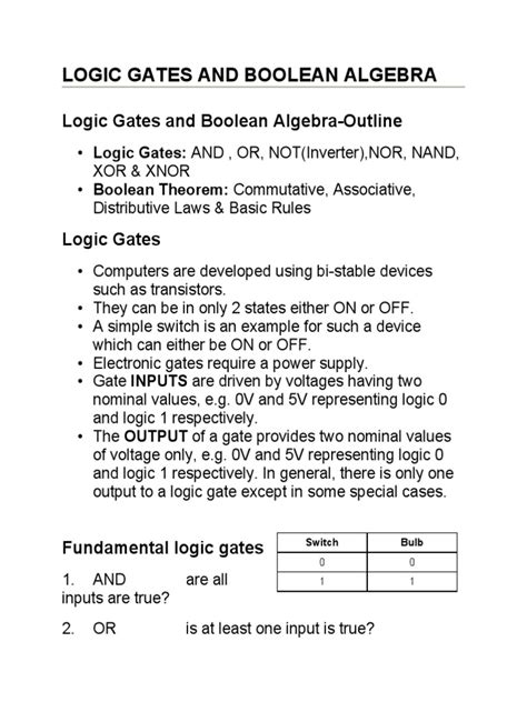 Logic Gates And Boolean Algebra Outline Pdf Logic Gate Teaching Mathematics