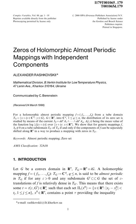 Pdf Zeros Of Holomorphic Almost Periodic Mappings With Independent Components