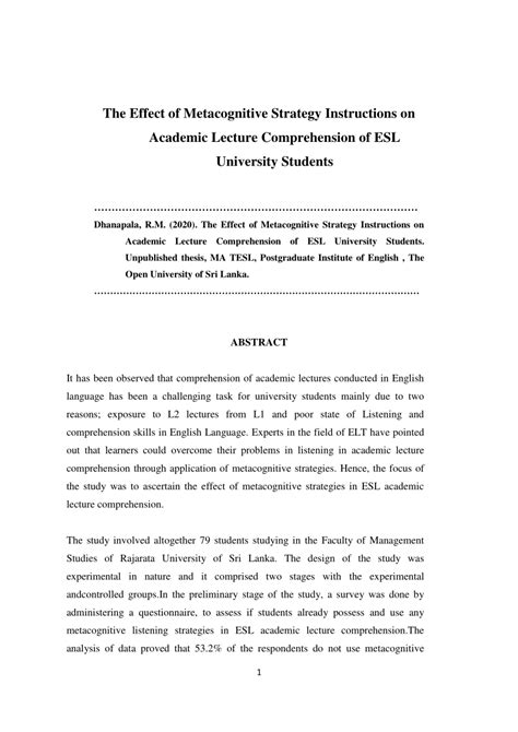 PDF The Effect Of Metacognitive Strategy Instructions On Academic Lecture Comprehension Of ESL