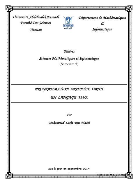 Programmation Orient E Objet En Java Smi S5 2014 2015 Pdf