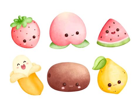 귀여운 과일 캐릭터의 수채화 일러스트 세트 프리미엄 벡터