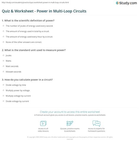 quiz and worksheet power in multi loop circuits