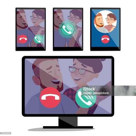 Ip 전화 통신 벡터입니다 데스크톱 Pc 디스플레이 모니터 화면 및 태블릿 들어오는 음성 전화 웹 인터넷 전화 응용 프로그램입니다 디지털 회화입니다 친구 가족 비즈니스