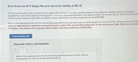 Solved Brief Exercise 8 11 Algo ﻿record Warranty Liability
