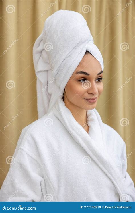 Cute Young Woman In A Bathrobe After Shower Stock Image Image Of