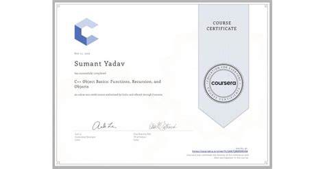 Sumant Yadav On Linkedin Completion Certificate For C Object Basics Functions Recursion And
