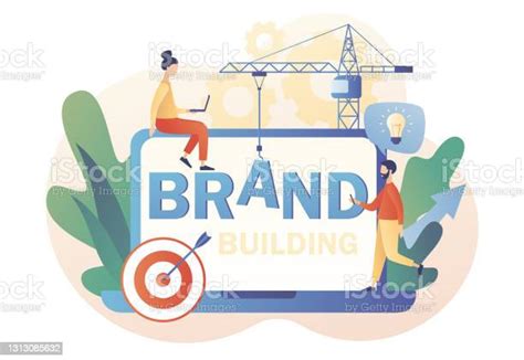 브랜딩을 하는 작은 사람들 브랜드 구축 회사 Id 회사 개발 셀프 포지셔닝 개별 브랜드 전략 현대 플랫 만화 스타일 흰색 배경의 벡터 그림 Crash Site에 대한 스톡