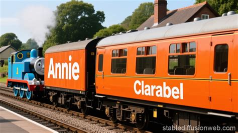 Thomas The Tank Engine Pulling Orange Passenger Cars In The Sodor