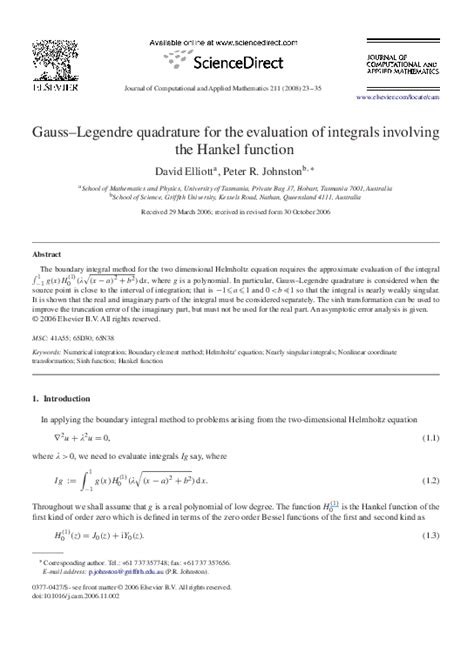 Pdf Gauss Legendre Quadrature For The Evaluation Of Integrals Involving The Hankel Function