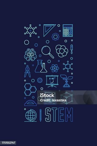 Stem 과학 기술 공학 및 수학 개념 세로 파란색 배너 벡터 선형 그림 복종에 대한 스톡 벡터 아트 및 기타 이미지 복종