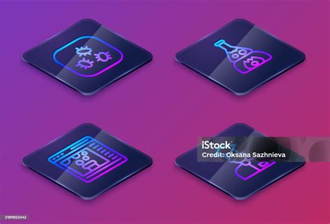 아이소 메트릭 라인 박테리아 화학 온라인 시험관 플라스크 화재 및 실험실 조수를 설정합니다 파란색 사각형 버튼입니다 벡터 3차원 형태에 대한 스톡 벡터 아트 및 기타 이미지