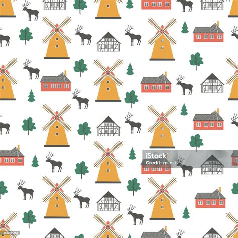 원활한 패턴 풍차 스칸디나비아 건물 엘크 나무 배경에 고립 된 전통적인 농촌 풍력 에너지 밀 농장 전력 생태 수냉 벡터 일러스트레이션 대체 에너지 생성 0명에 대한 스톡