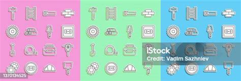 세트 라인 퍼티 나이프 전기 회전 해머 드릴 전기 콘센트 핸드 톱 산업 금속 파이프 원형 블레이드 망치와 트로엘 아이콘 벡터 아이콘에 대한 스톡 벡터 아트 및 기타 이미지