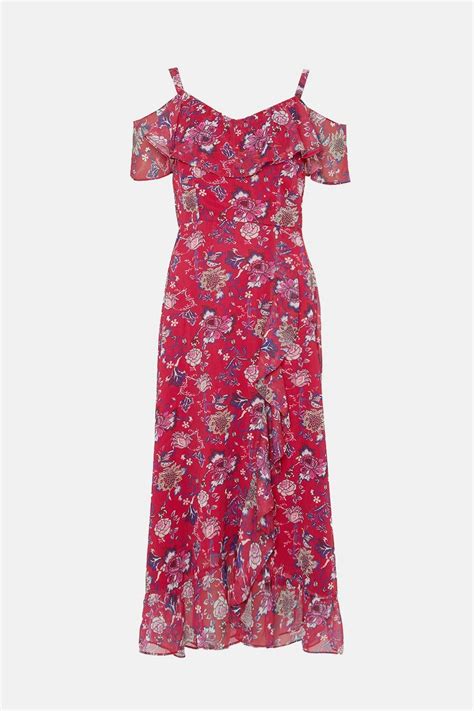 Dresses Pink Floral Cold Shoulder Midi Dress Wallis