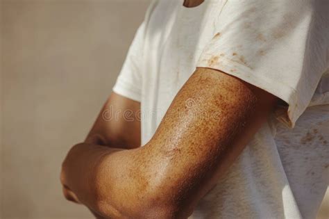 Close Up Of An Arm With Visible Skin Texture And A Worn Stained Shirt